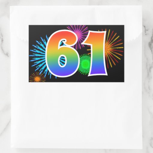 Fun Fireworks + Rainbow Pattern "61" Event Number Rectangular Sticker ...