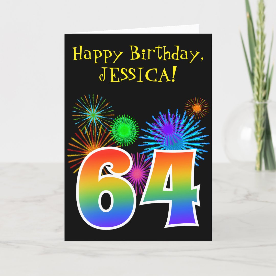 Fun Fireworks + Rainbow Pattern "64" Birthday # Card | Zazzle