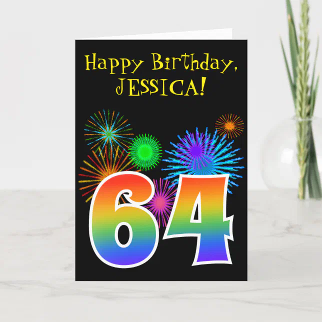 Fun Fireworks + Rainbow Pattern "64" Birthday # Card | Zazzle