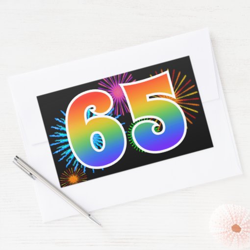 Fun Fireworks + Rainbow Pattern "65" Event Number Rectangular Sticker ...