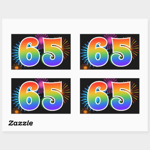 Fun Fireworks + Rainbow Pattern "65" Event Number Rectangular Sticker ...