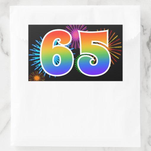 Fun Fireworks + Rainbow Pattern "65" Event Number Rectangular Sticker ...