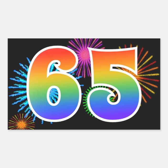 Fun Fireworks + Rainbow Pattern "65" Event Number Rectangular Sticker ...