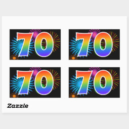 Fun Fireworks + Rainbow Pattern "70" Event Number Rectangular Sticker ...