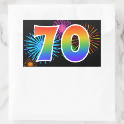 Fun Fireworks + Rainbow Pattern "70" Event Number Rectangular Sticker ...
