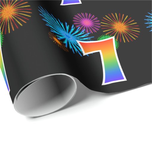Fun Fireworks + Rainbow Pattern "7" Event Number Wrapping Paper | Zazzle