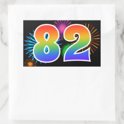 Fun Fireworks + Rainbow Pattern "82" Event Number Rectangular Sticker ...