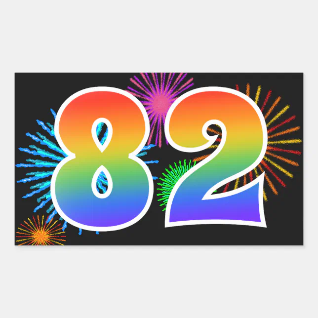 Fun Fireworks + Rainbow Pattern "82" Event Number Rectangular Sticker ...
