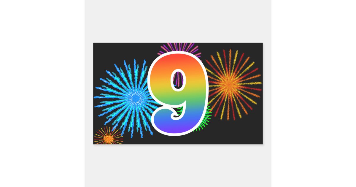 Fun Fireworks + Rainbow Pattern "9" Event Number Rectangular Sticker ...