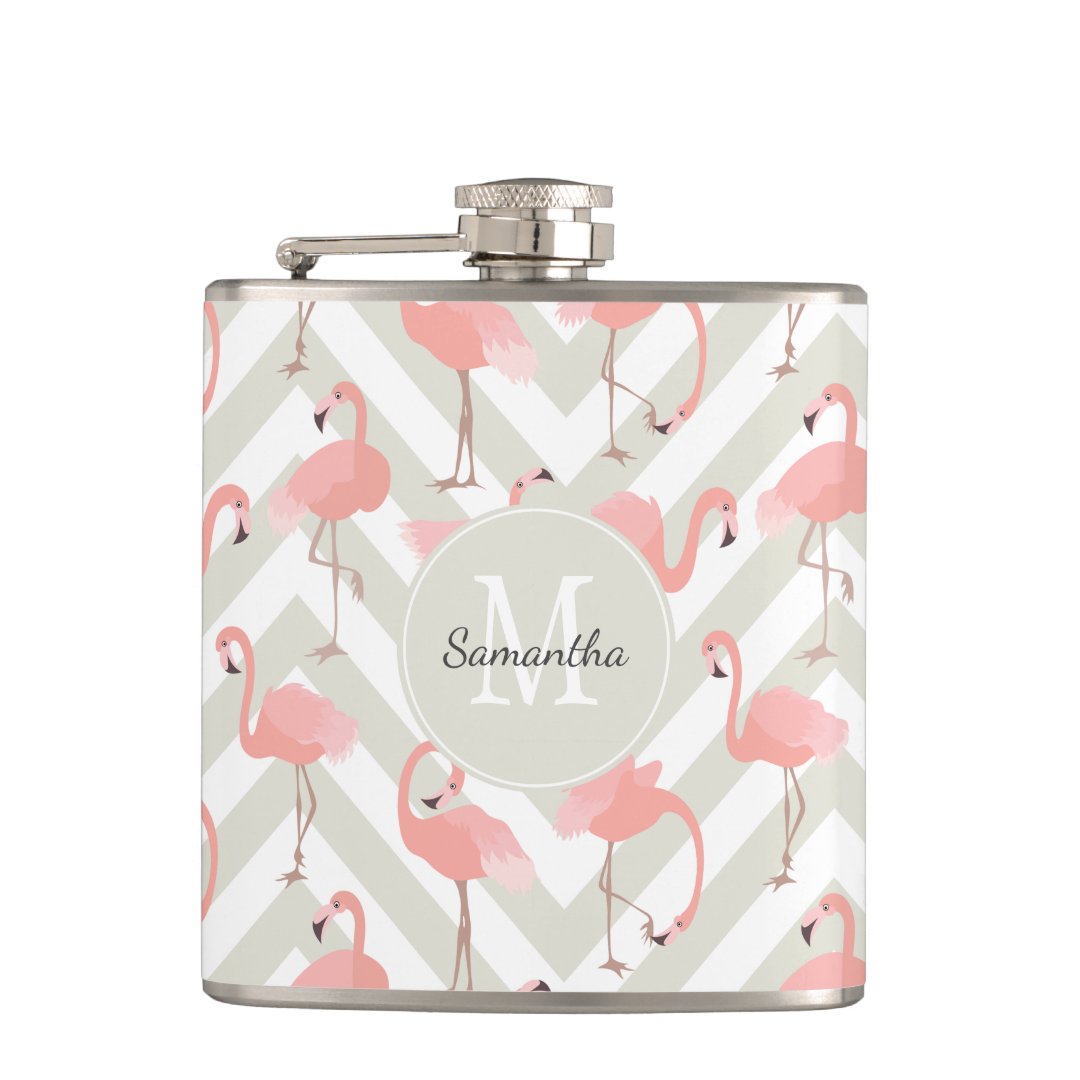 Fun Flamingo Pattern with Monogram Hip Flask | Zazzle