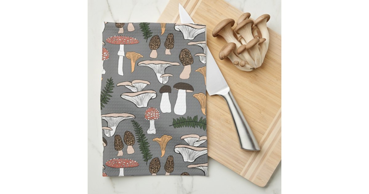 Fun Fungi Mushroom Fern Pattern Kitchen Towel | Zazzle