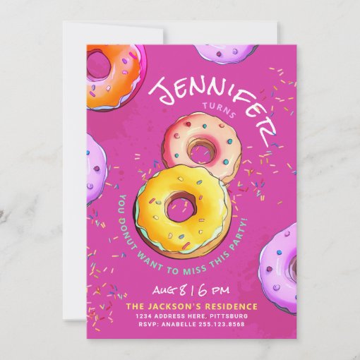 Fun Girl 8th Pink Donut Colorful Sprinkles Party Invitation | Zazzle