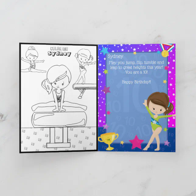 Fun Girls Gymnastics Coloring Page Happy Birthday Card | Zazzle