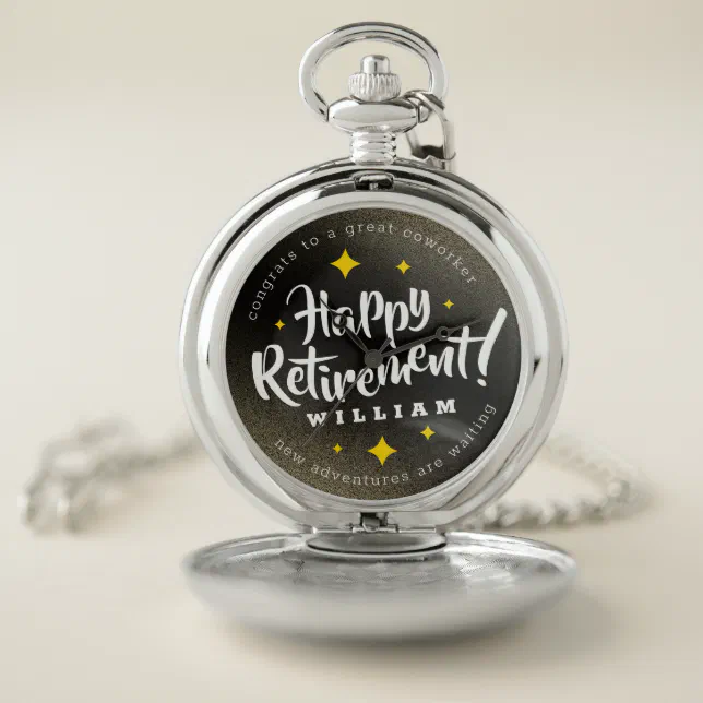 Fun Gold Glitter Stars Retirement New Adventures Pocket Watch | Zazzle