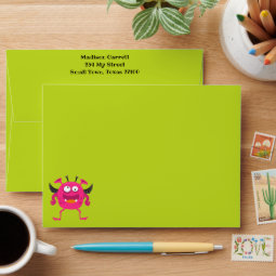 Fun Halloween Cute Green Pink Little Monster Envelope | Zazzle