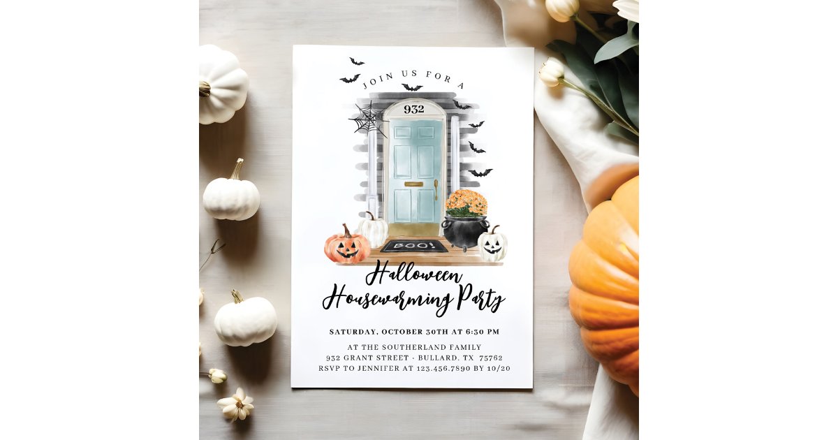 Fun Halloween Housewarming Party Blue Front Door Announcement | Zazzle