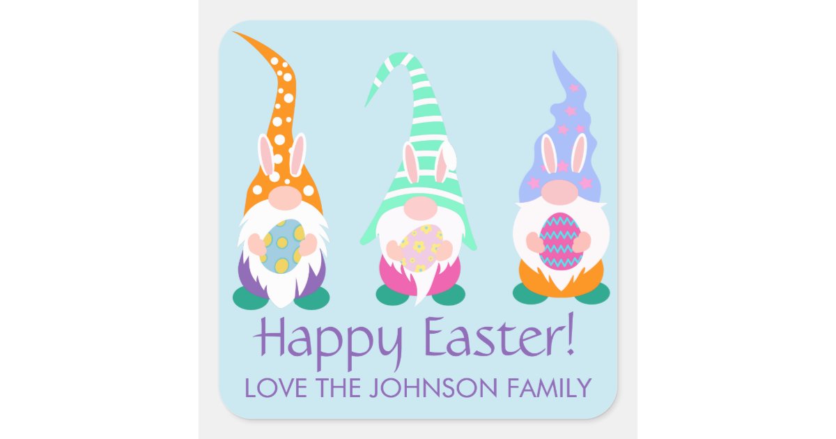 Fun Happy Easter Gnomes Spring Colors Personalized Square Sticker | Zazzle