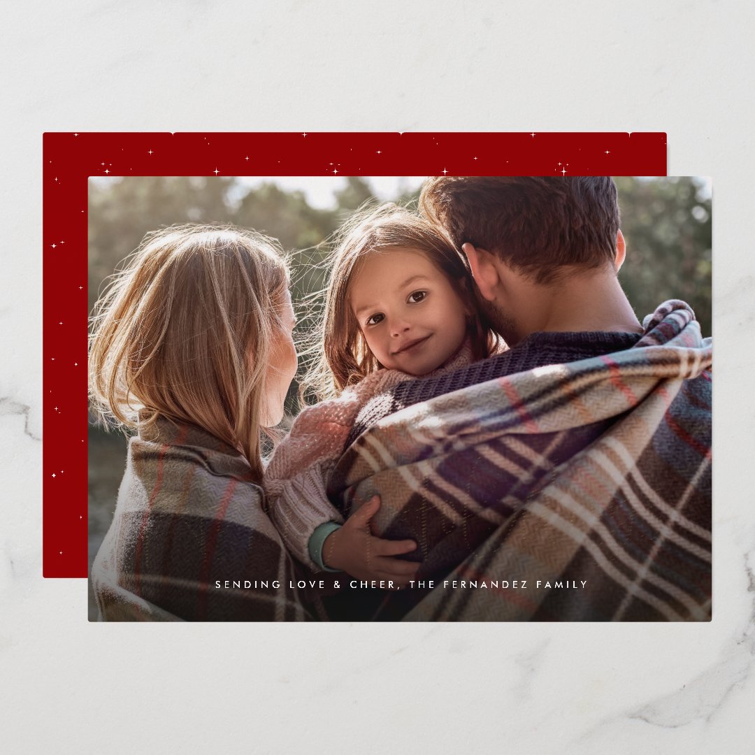 Fun happy script simple one photo red foil holiday card | Zazzle