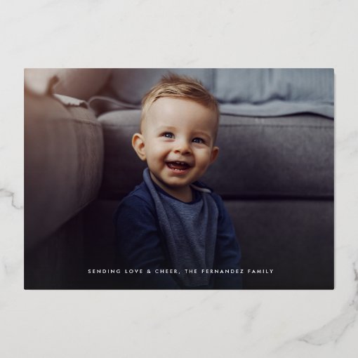 Fun happy script simple one photo red foil holiday card | Zazzle