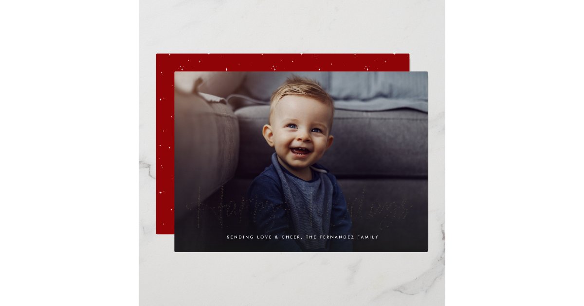 Fun happy script simple one photo red foil holiday card | Zazzle