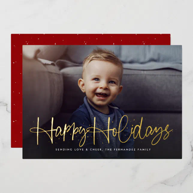 Fun happy script simple one photo red foil holiday card | Zazzle