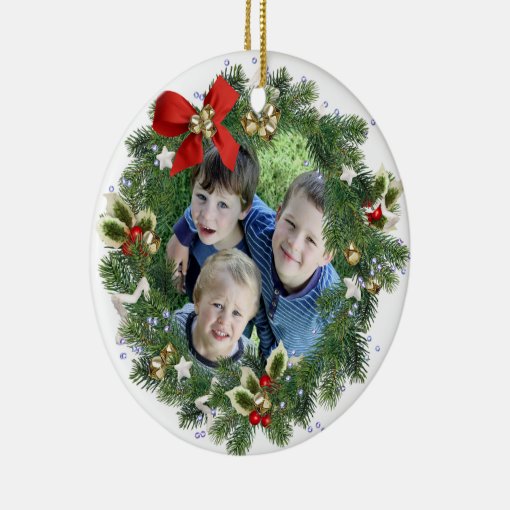 Fun Holiday Wreath Photo Frame Merry Christmas Ceramic Ornament | Zazzle