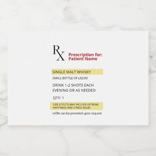 Fun Humor Novelty Rx PrescriptionLabel Liquor Bottle Label | Zazzle
