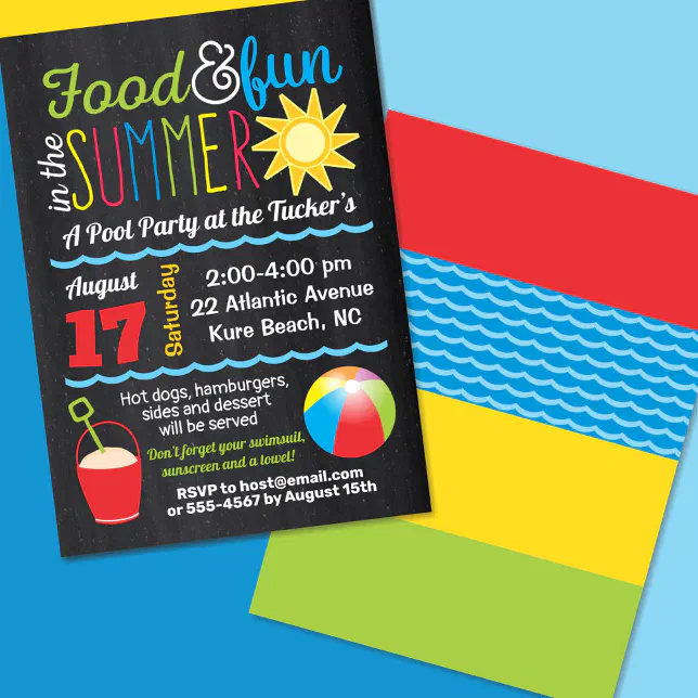 Fun in the Sun Summer Pool Party Colors Chalkboard Invitation | Zazzle