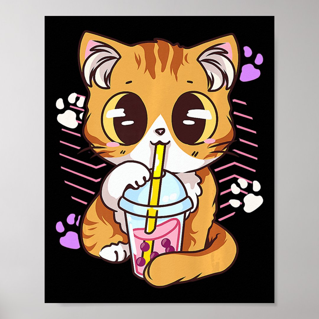 Fun Kawaii Cute Cat Boba Bubble Milk Tea Anime Nek Poster | Zazzle