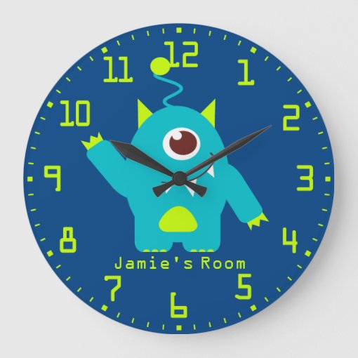 Fun kids alien blue aqua and green wall clock | Zazzle