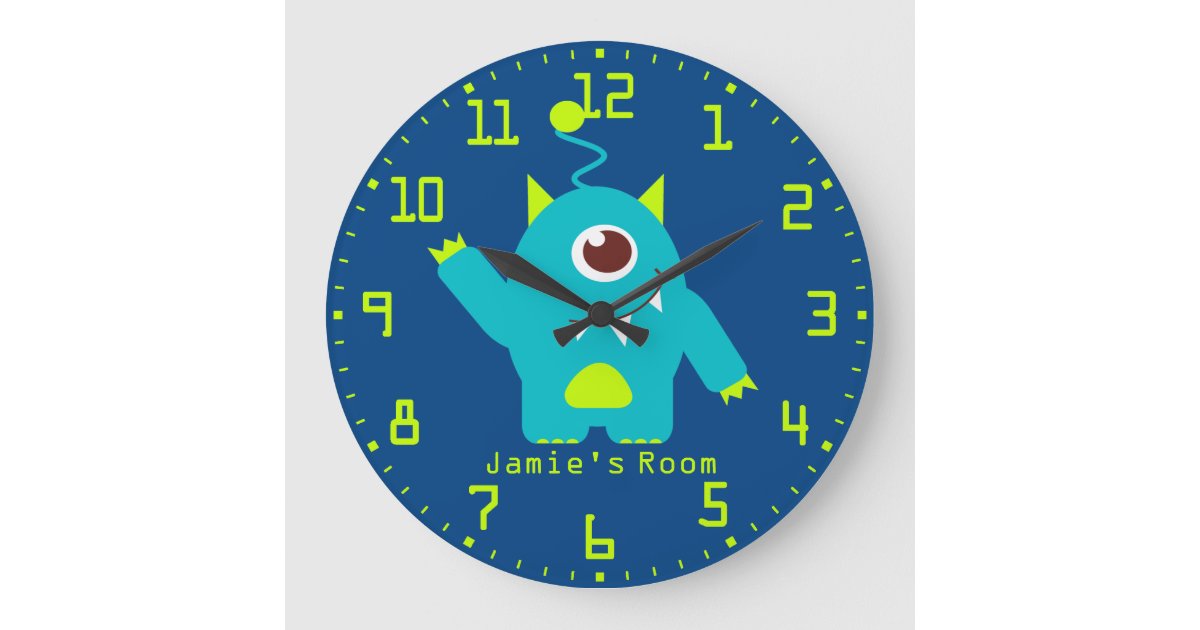 Fun kids alien blue aqua and green wall clock | Zazzle