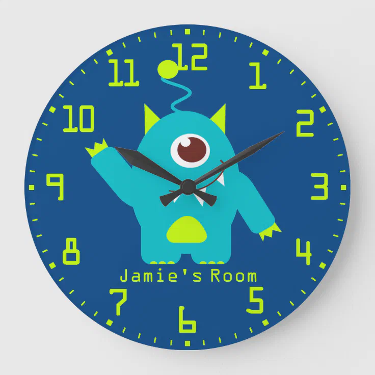 Fun kids alien blue aqua and green wall clock | Zazzle