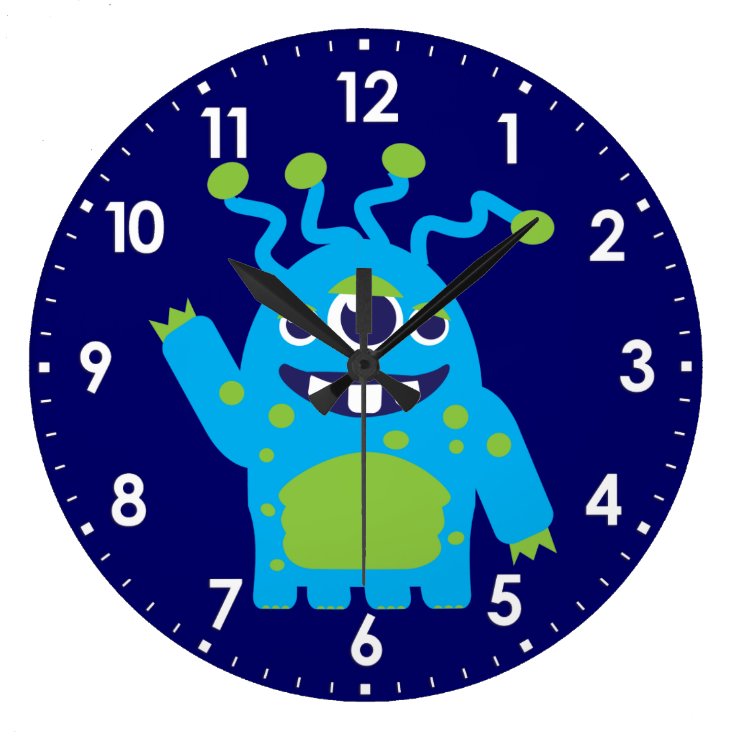 Fun kids alien blue, white green wall clock | Zazzle
