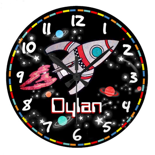 Fun kids boys rocket space black wall clock | Zazzle.com