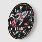 Fun kids boys rocket space black wall clock | Zazzle