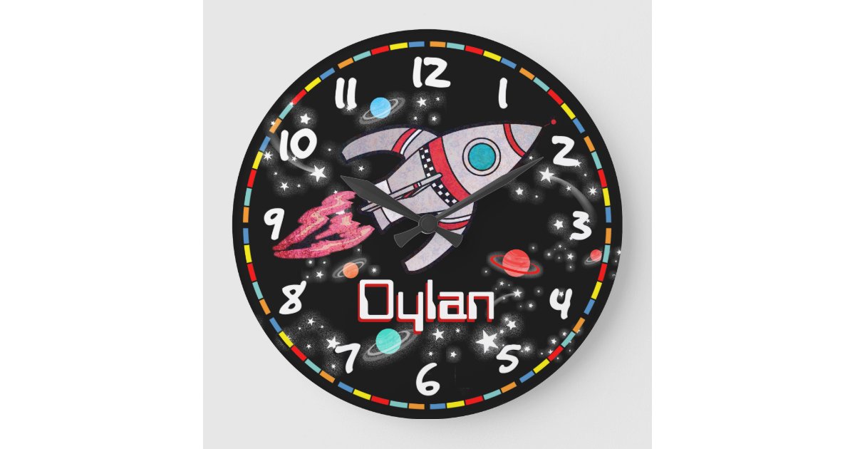 Fun kids boys rocket space black wall clock | Zazzle