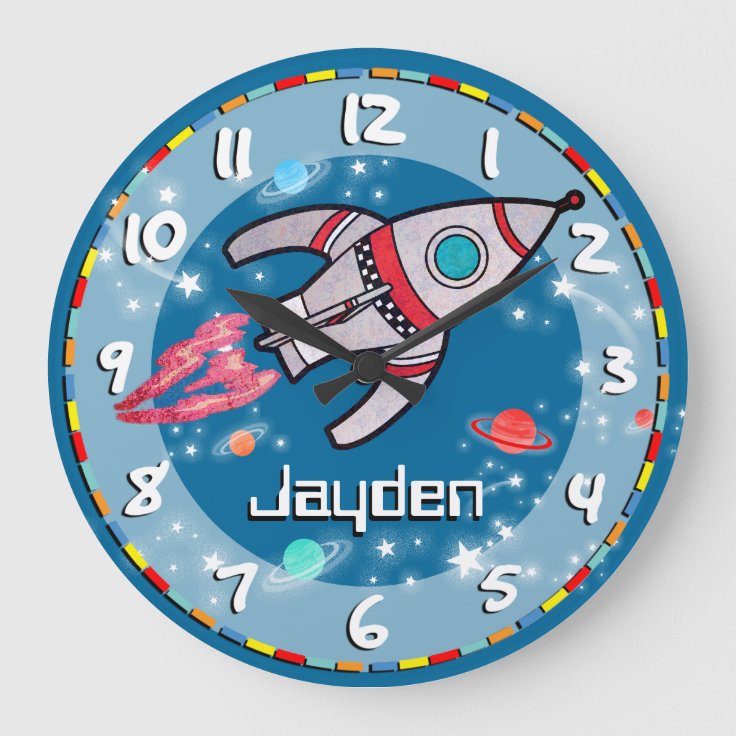 Fun kids boys rocket space blue aqua wall clock | Zazzle