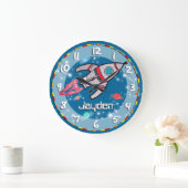 Fun kids boys rocket space blue aqua wall clock | Zazzle