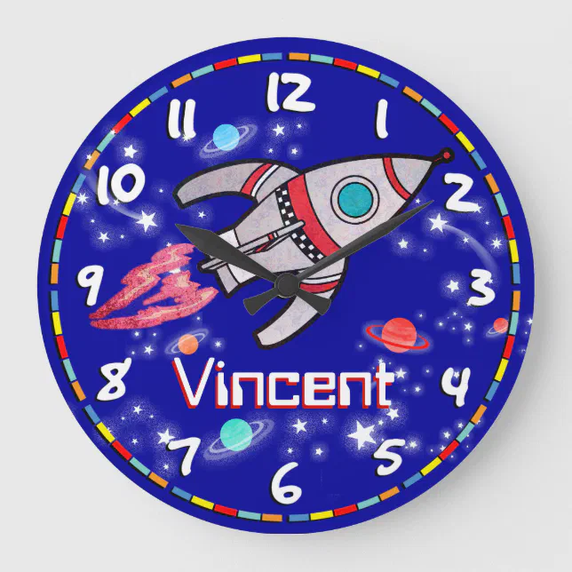 Fun kids boys rocket space blue wall clock | Zazzle