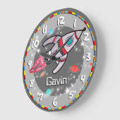 Fun kids boys rocket space grey wall clock | Zazzle
