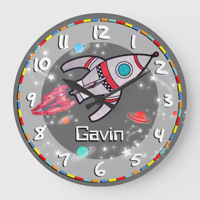 Fun kids boys rocket space grey wall clock | Zazzle