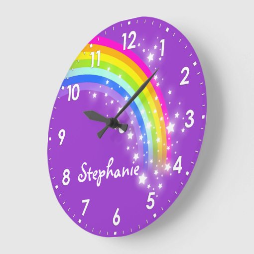 Fun kids girls rainbow name purple wall clock | Zazzle