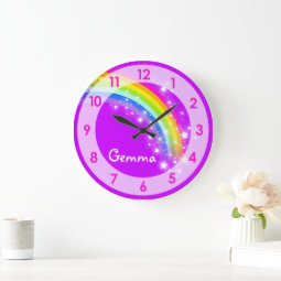 Fun kids girls rainbow name purple wall clock | Zazzle