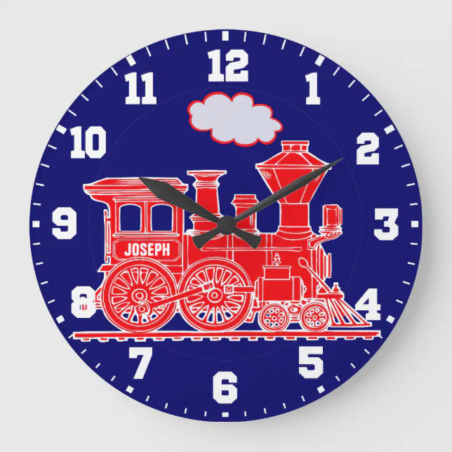 Fun kids name train red and navy blue wall clock | Zazzle