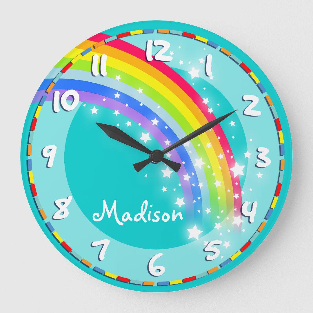 Fun kids rainbow name aqua wall clock | Zazzle