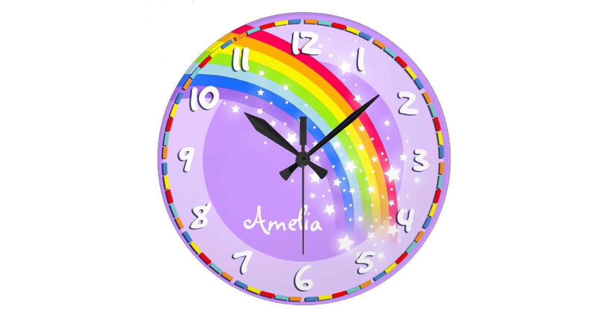 Fun kids rainbow name purple wall clock | Zazzle