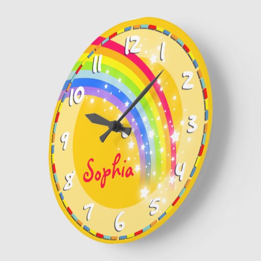 Fun kids rainbow name yellow wall clock | Zazzle