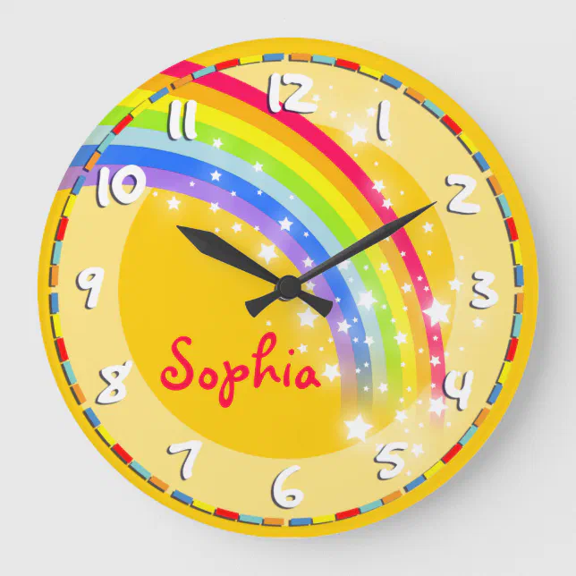 Fun kids rainbow name yellow wall clock | Zazzle