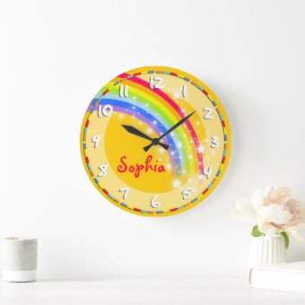 Fun kids rainbow name yellow wall clock | Zazzle