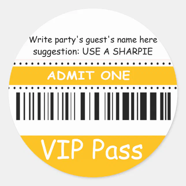Fun Kids VIP Pass Admit One Birthday Party yellow Classic Round Sticker ...